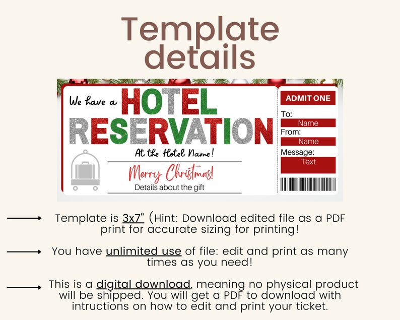 Hotel Reservation Template. Christmas Hotel Ticket. Hotel - Etsy