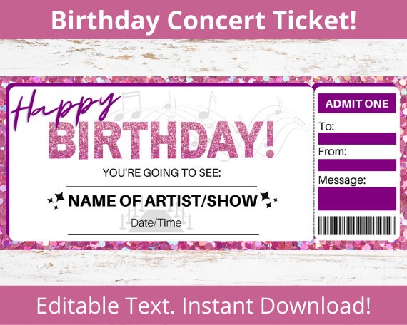Concert Ticket. Birthday Concert Ticket. Printable Concert - Etsy