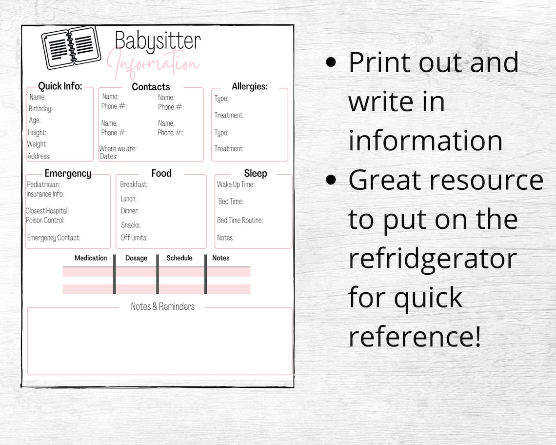 Babysitter Info Sheet. Babysitter Information Sheet. Babysitter ...