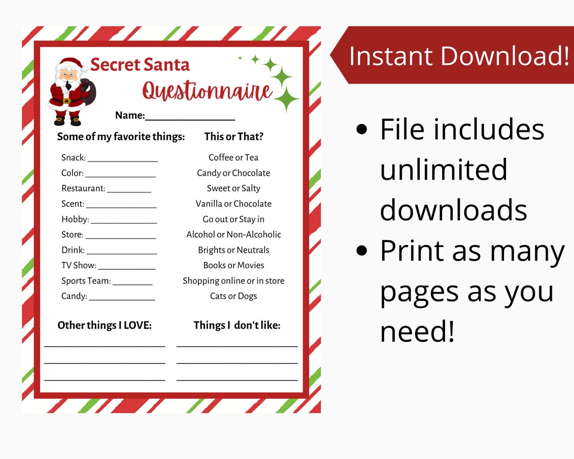 Secret Santa Questionnaire Printable, Christmas Gift Exchange Form ...