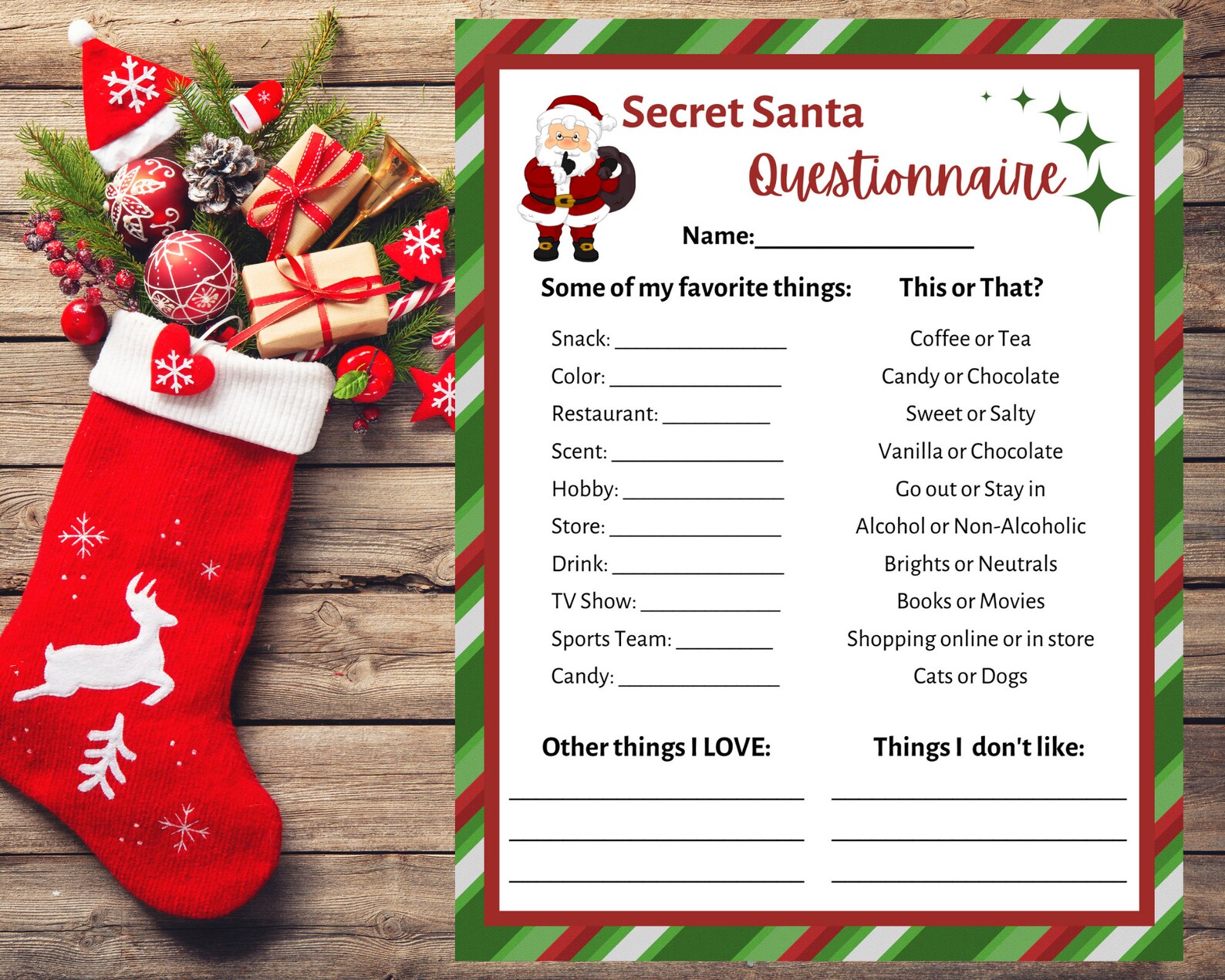 Secret Santa Questionnaire Printable, Christmas Gift Exchange Form ...