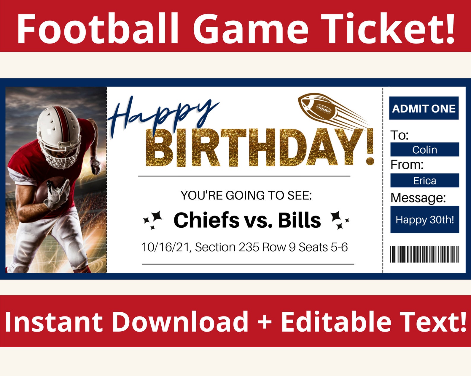 Football Ticket. Football Game Tickets. NFL Ticket Template. - Etsy