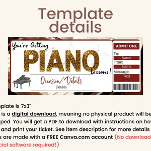 Piano Lessons Gift Ticket. Piano Gifts. Music Lessons Gift. Printable ...