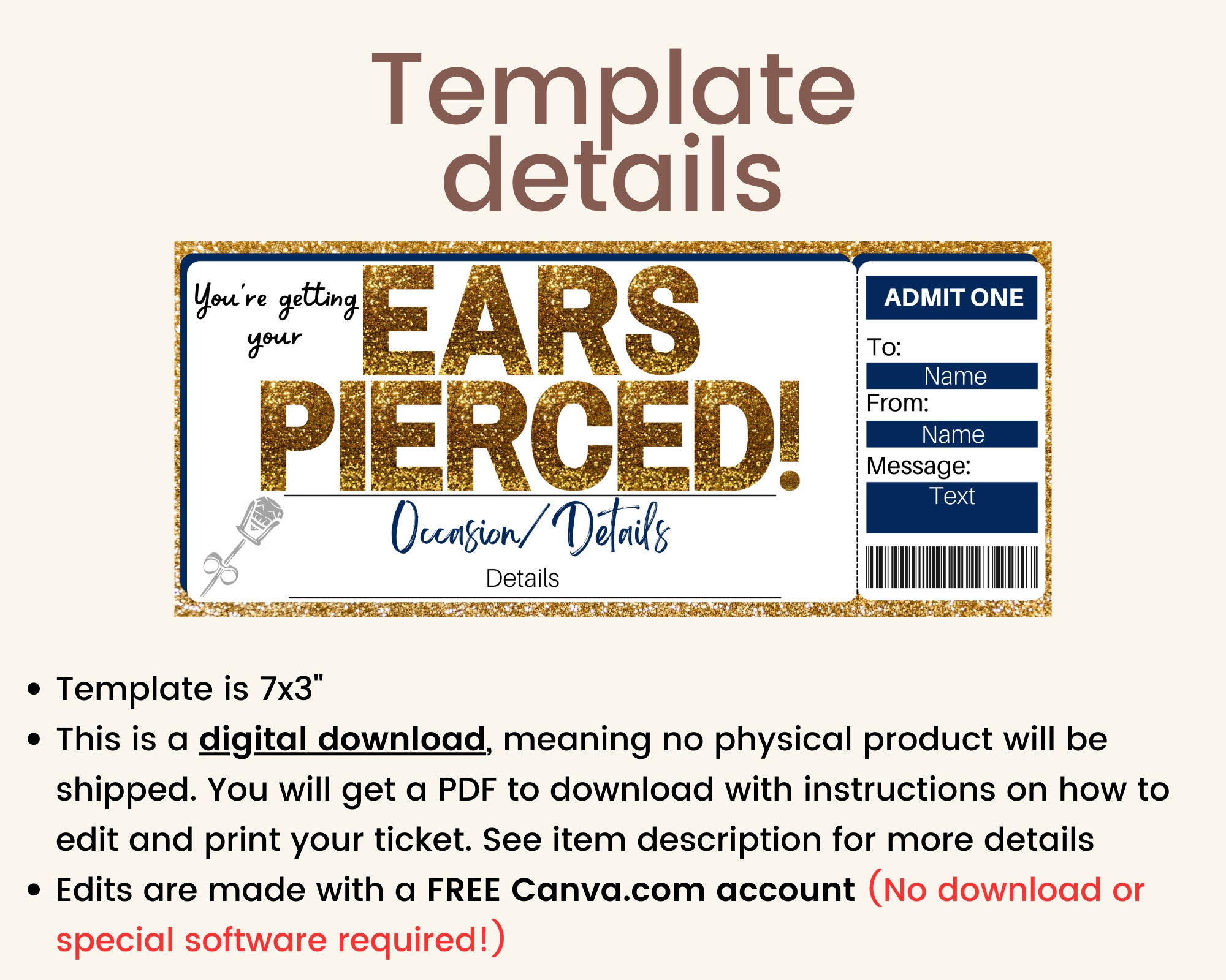 Ear Piercing Gift Certificate. Ears Pierced Ticket. Ear Piercing ...