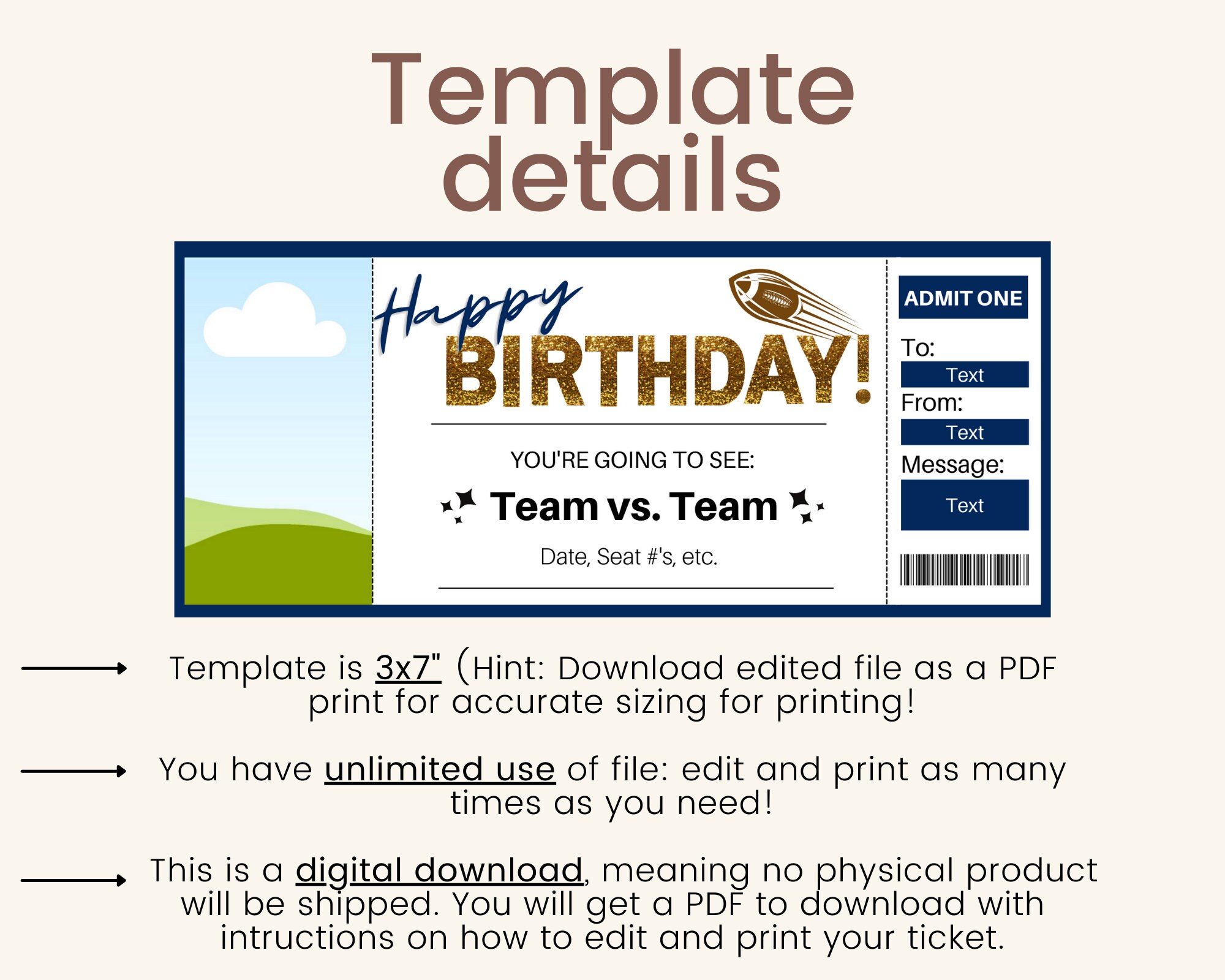 Football Ticket. Football Game Tickets. NFL Ticket Template. - Etsy