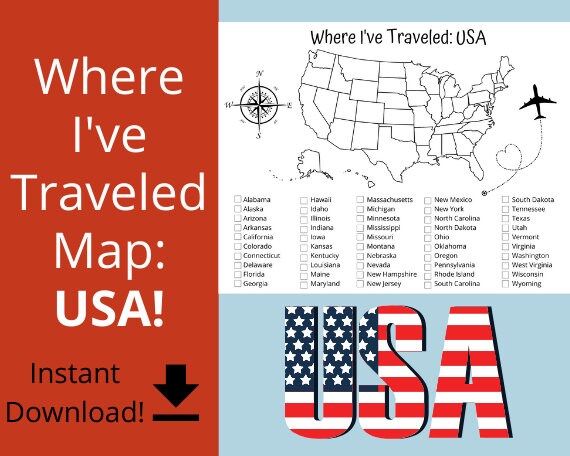 Travel Tracker Map. Where I've Been Map. USA Map. USA Printable Map ...