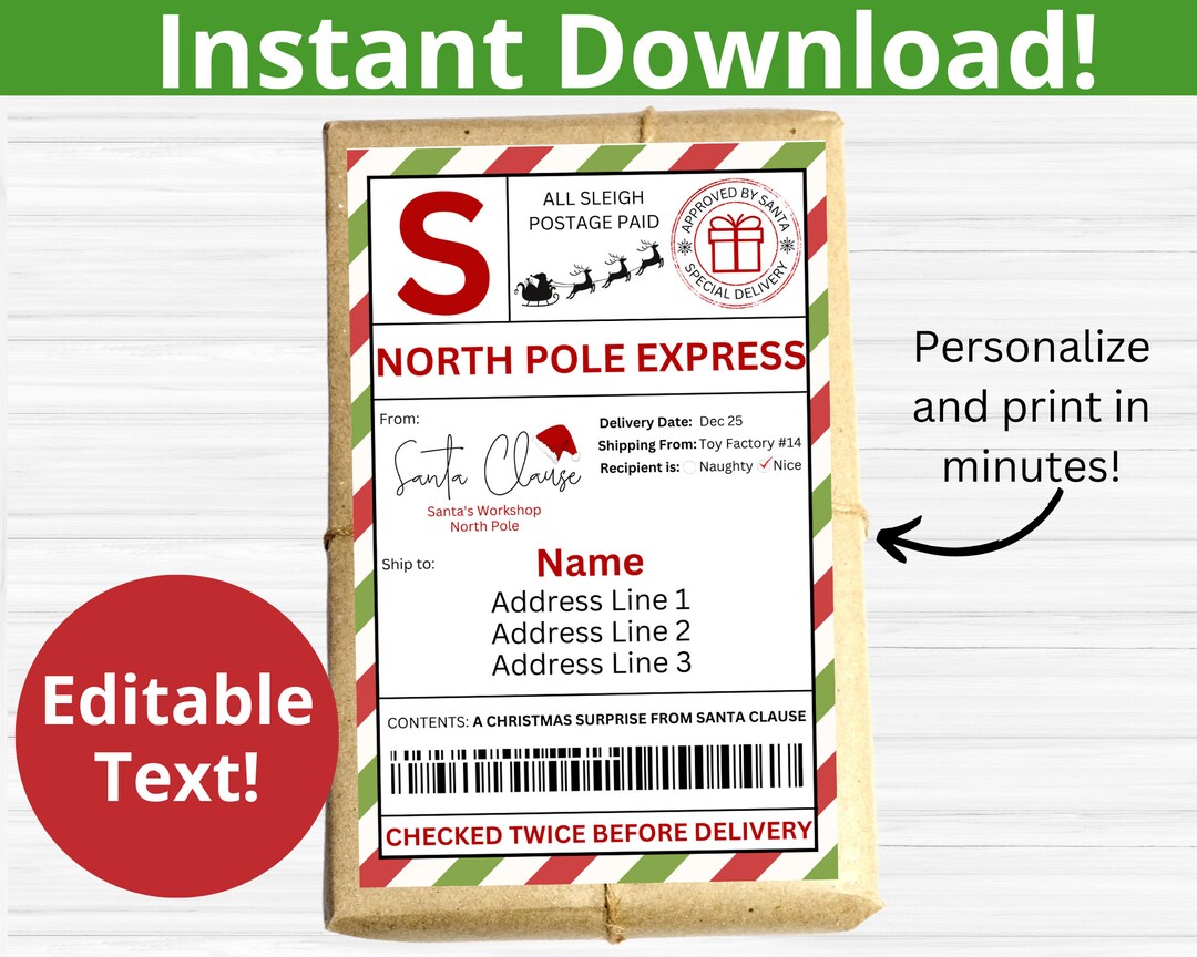 Santa Shipping Label. North Pole Mailing Label. Santa Mail Label. Elf ...