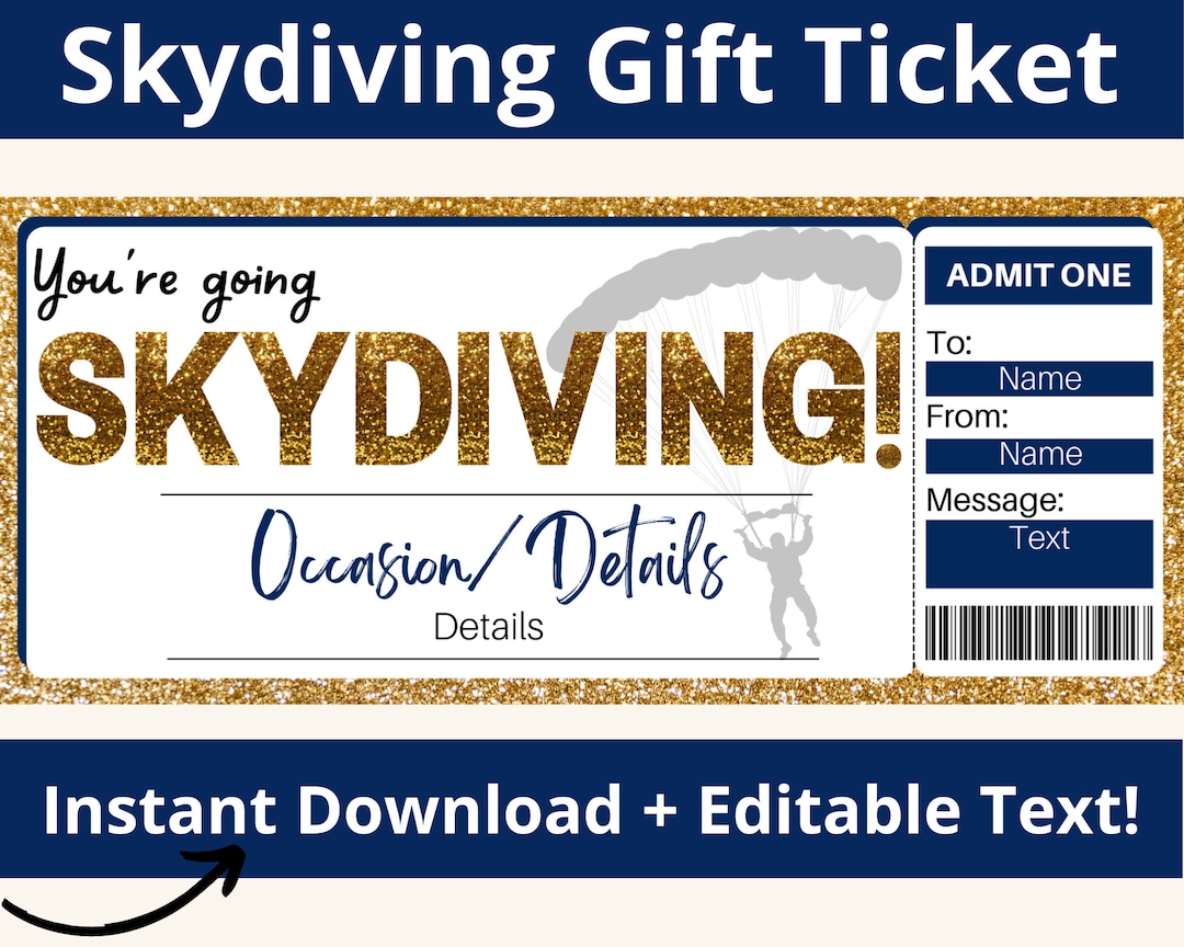 Skydiving Ticket. Skydiving Gifts. Printable Ticket. Printable Coupon ...