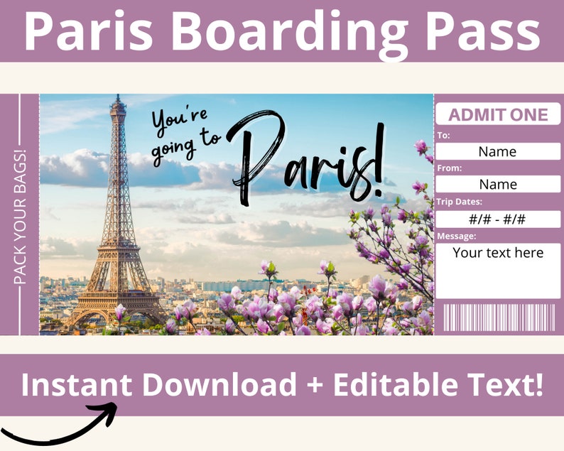 Paris Ticket. Paris Boarding Pass. Paris Trip Reveal. Paris - Etsy