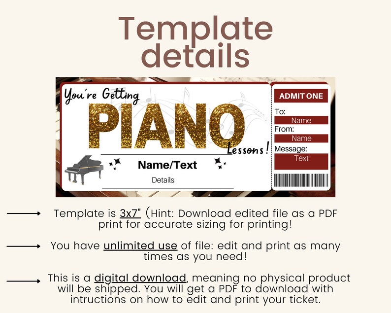 Piano Lessons Gift Ticket. Piano Gifts. Music Lessons Gift. - Etsy