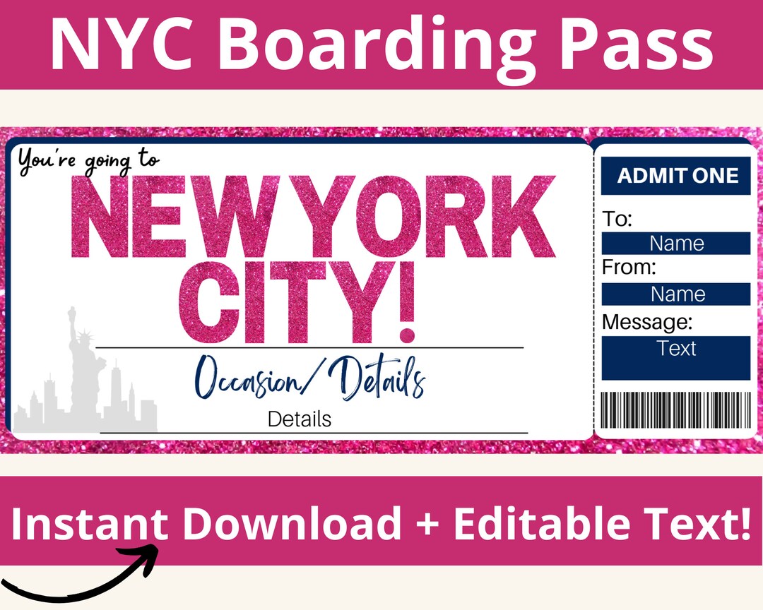 New York City Ticket. Boarding Pass Template. NYC Girls Trip. NYC Gifts ...