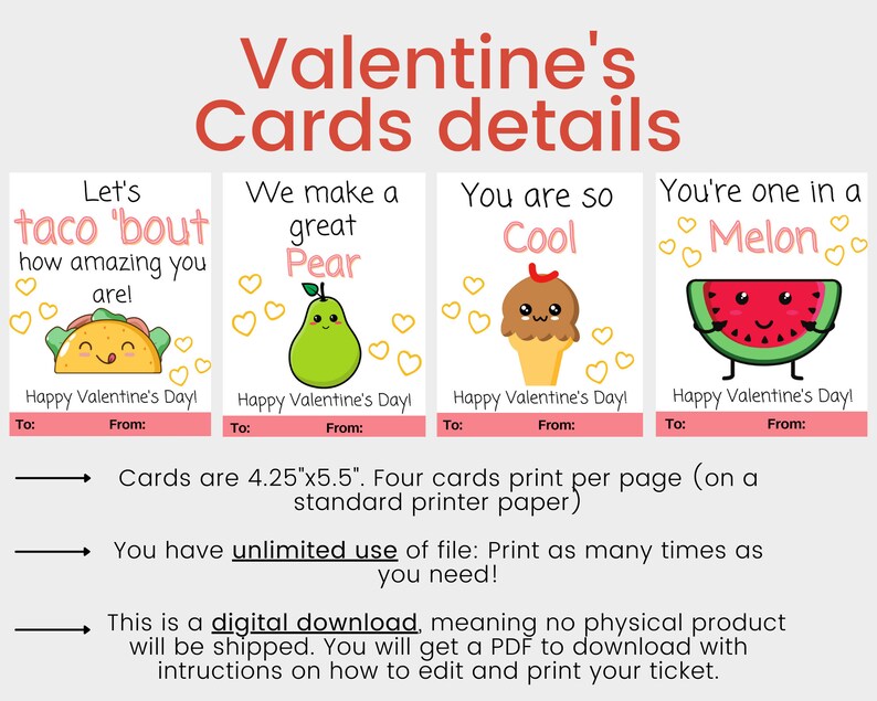 Food Valentine. Printable Valentine Cards for Kids. Toddler - Etsy
