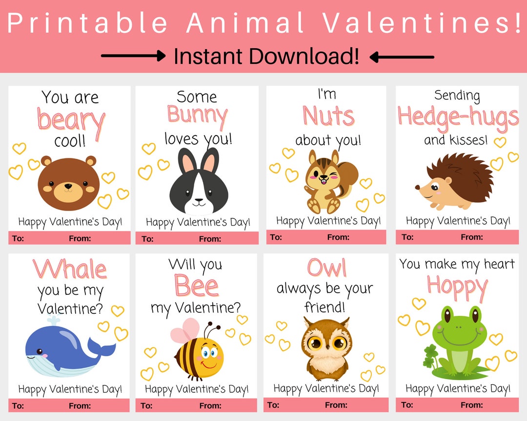 Printable Animal Valentines. Printable Valentine Cards for Kids. Kids ...