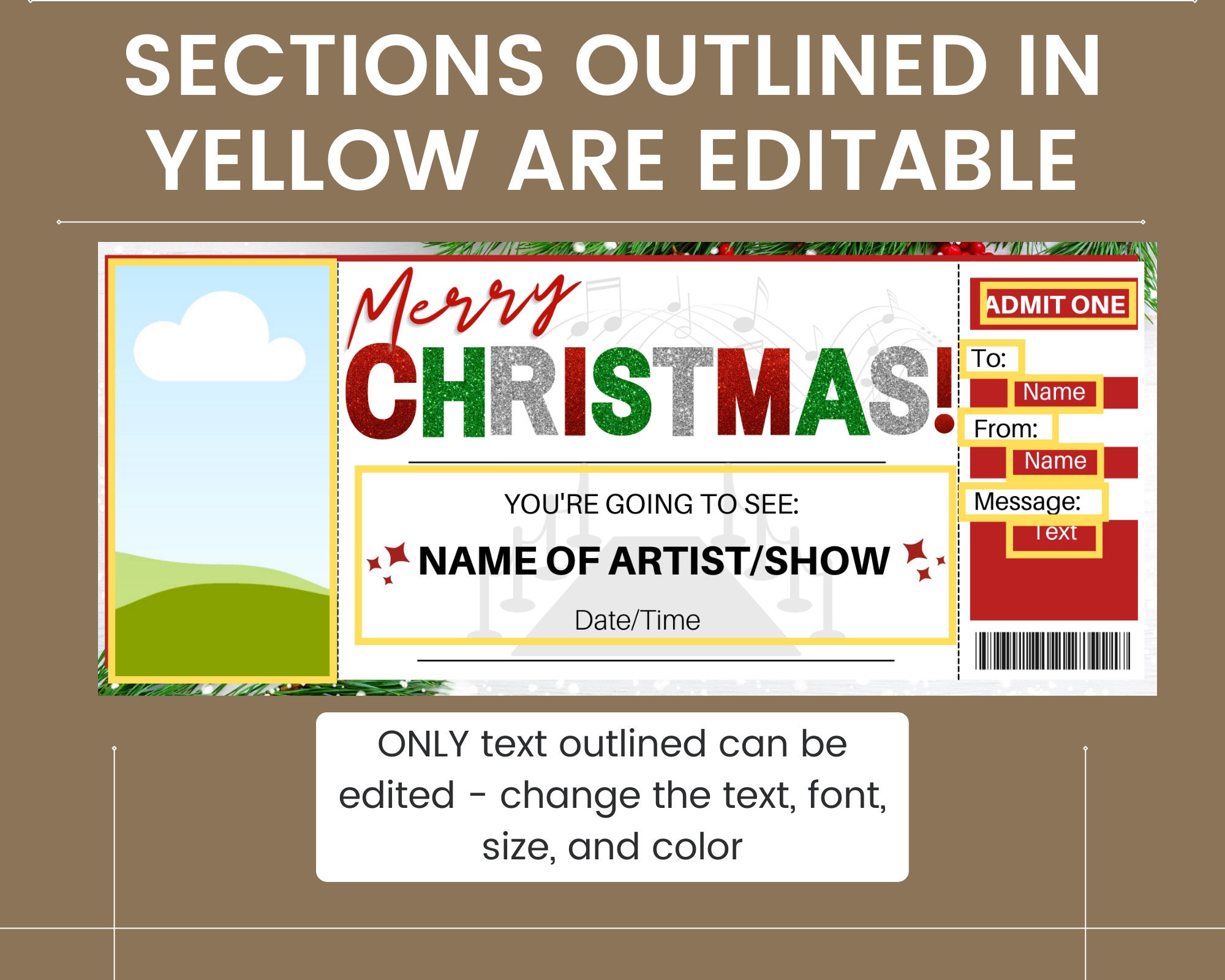 Christmas Concert Ticket. Concert Ticket Gift. Printable Concert Ticket ...