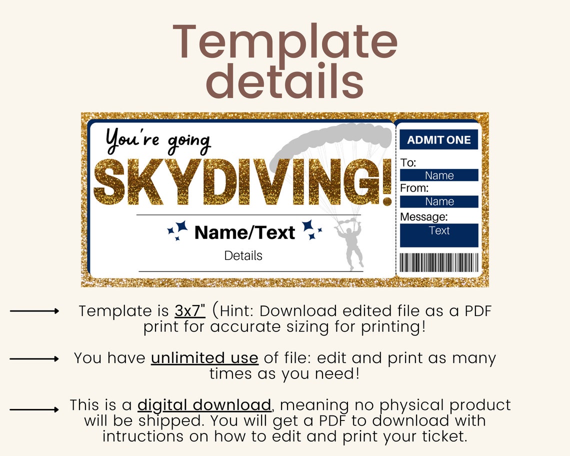 Skydiving Ticket. Skydiving Gifts. Printable Ticket. Printable - Etsy