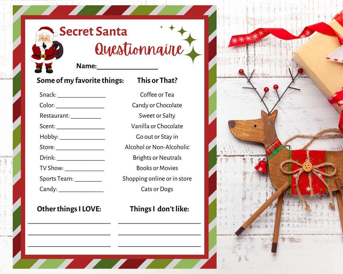 Secret Santa Questionnaire Printable, Christmas Gift Exchange Form ...