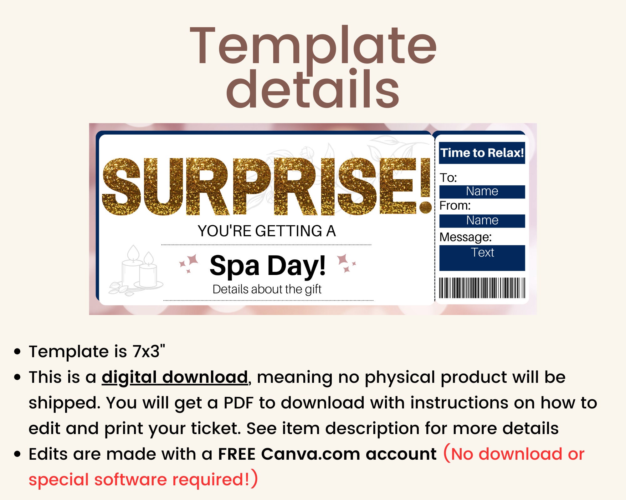 Spa Day Gift Certificate, Spa Ticket Template, Massage Manicure ...