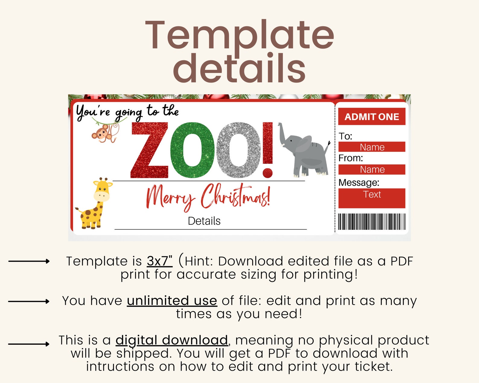 Christmas Zoo Ticket Printable. Zoo Gift Certificate. Zoo - Etsy