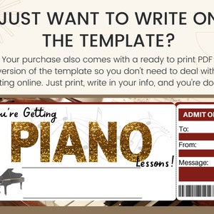 Piano Lessons Gift Ticket. Piano Gifts. Music Lessons Gift. Printable ...
