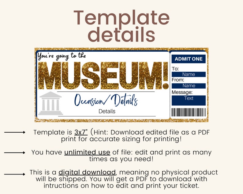 Museum Ticket Template. Museum Gift Certificate. Museum - Etsy