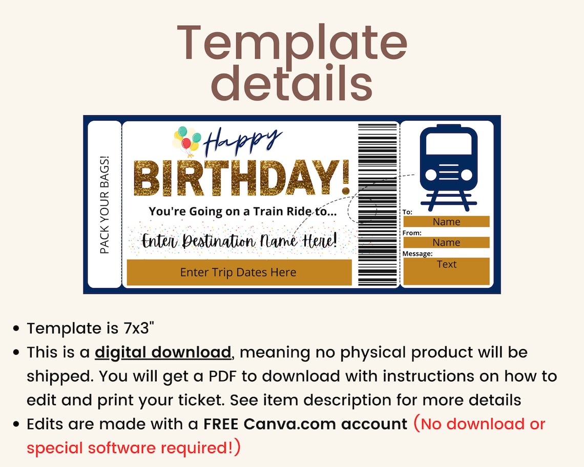 Train Boarding Pass. Train Ticket Template. Train Ride Gift. Train ...