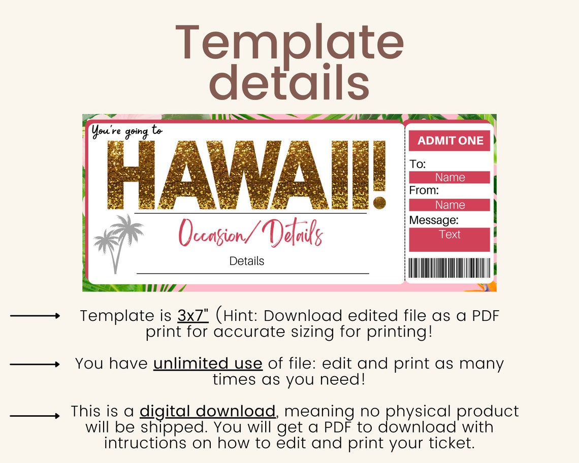 Hawaii Ticket. Hawaii Boarding Pass. Hawaii Trip Ticket. - Etsy