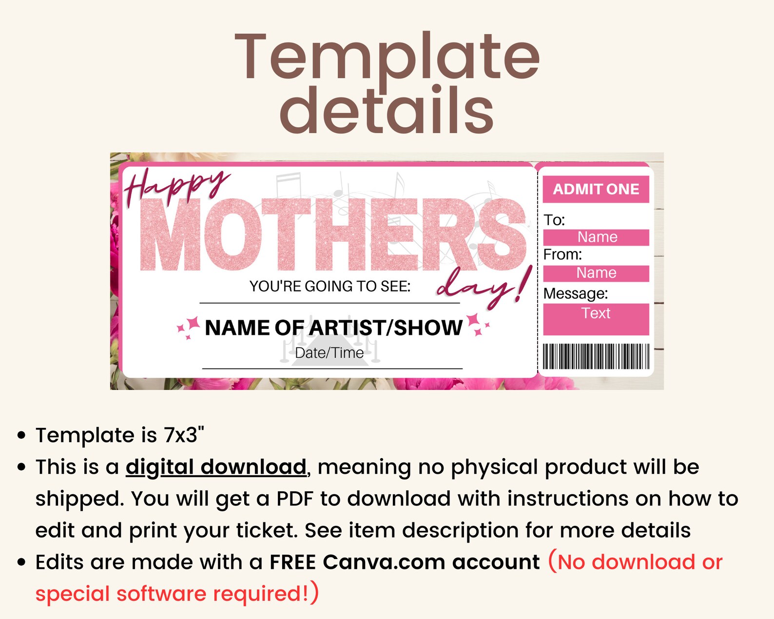 Mother's Day Concert Ticket Template, Surprise Concert Gift for Mom ...