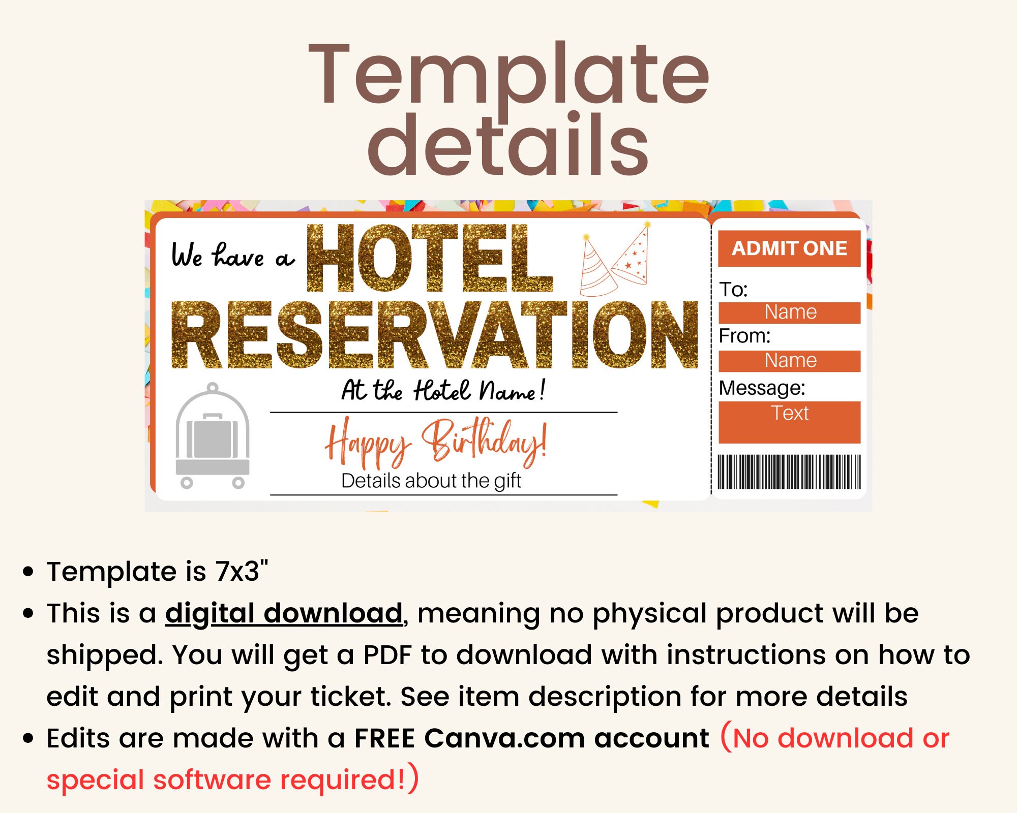 Hotel Reservation Voucher. Birthday Hotel Ticket. Hotel Voucher. Hotel ...