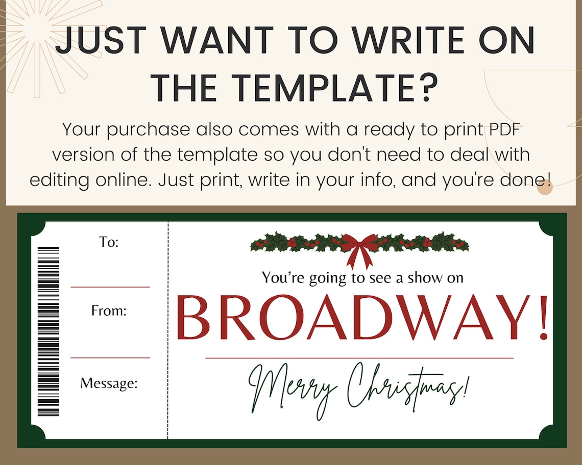 Christmas Broadway Show Gift. Broadway Ticket Template. Musical Ticket ...