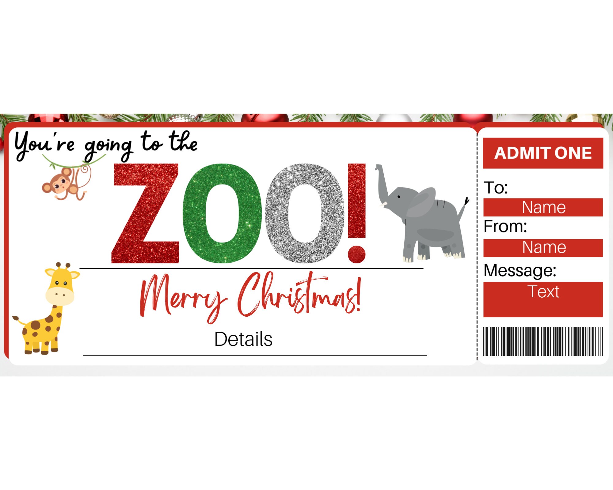 Christmas Zoo Ticket Printable. Zoo Gift Certificate. Zoo Gifts. Zoo ...