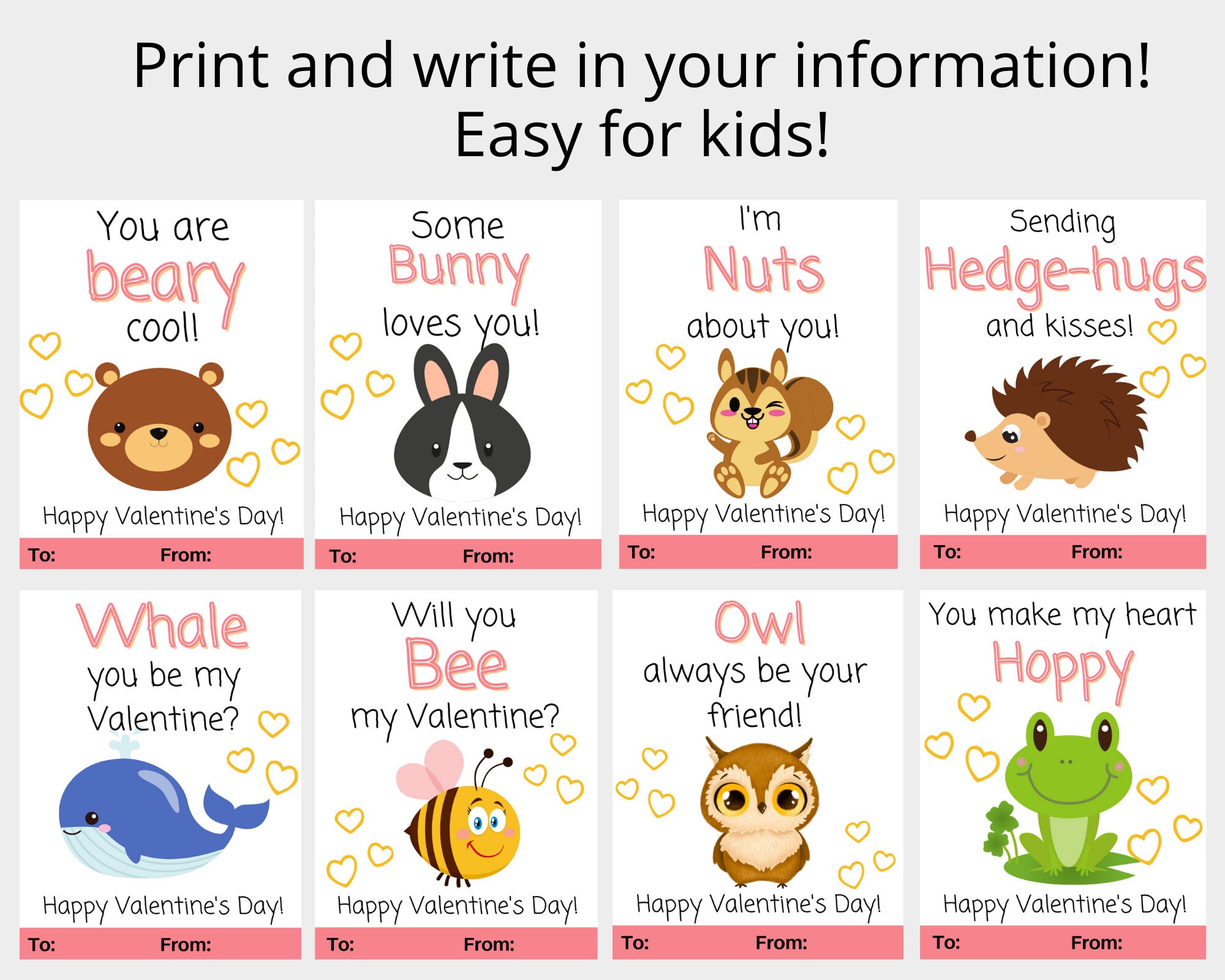 Printable Animal Valentines. Printable Valentine Cards for - Etsy