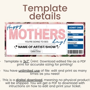 Mothers Day Concert Ticket. Concert Ticket Template. Mothers - Etsy