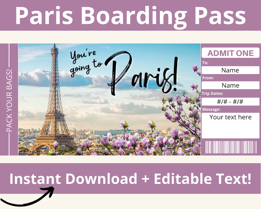 Paris Ticket. Paris Boarding Pass. Paris Trip Reveal. Paris Travel Gift ...