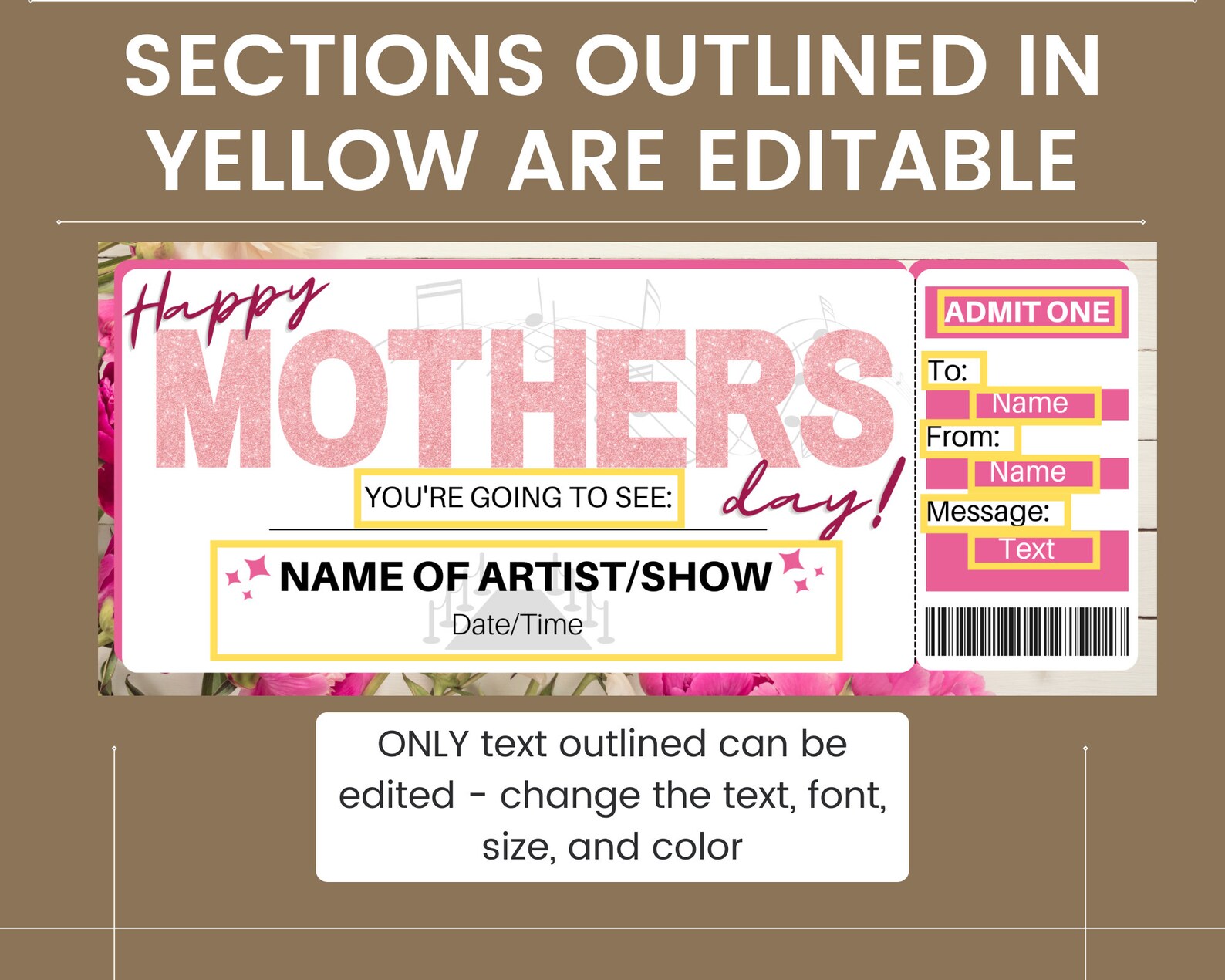 Mother's Day Concert Ticket Template, Surprise Concert Gift for Mom ...