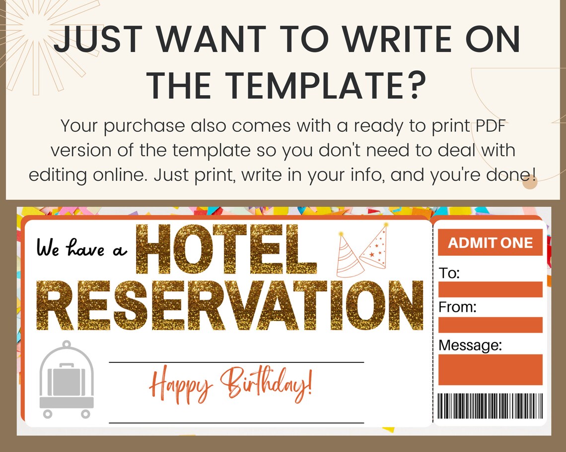 Hotel Reservation Voucher. Birthday Hotel Ticket. Hotel - Etsy