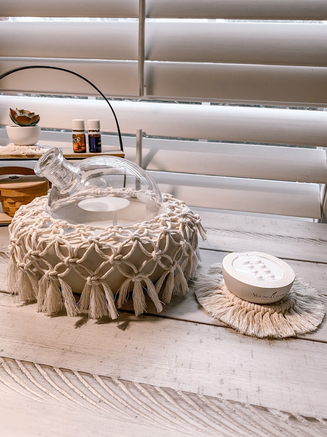 Macrame Aria Diffuser Cover and Coaster Bundle | Diffuser Skirt | Coaster for Remote | Set ...