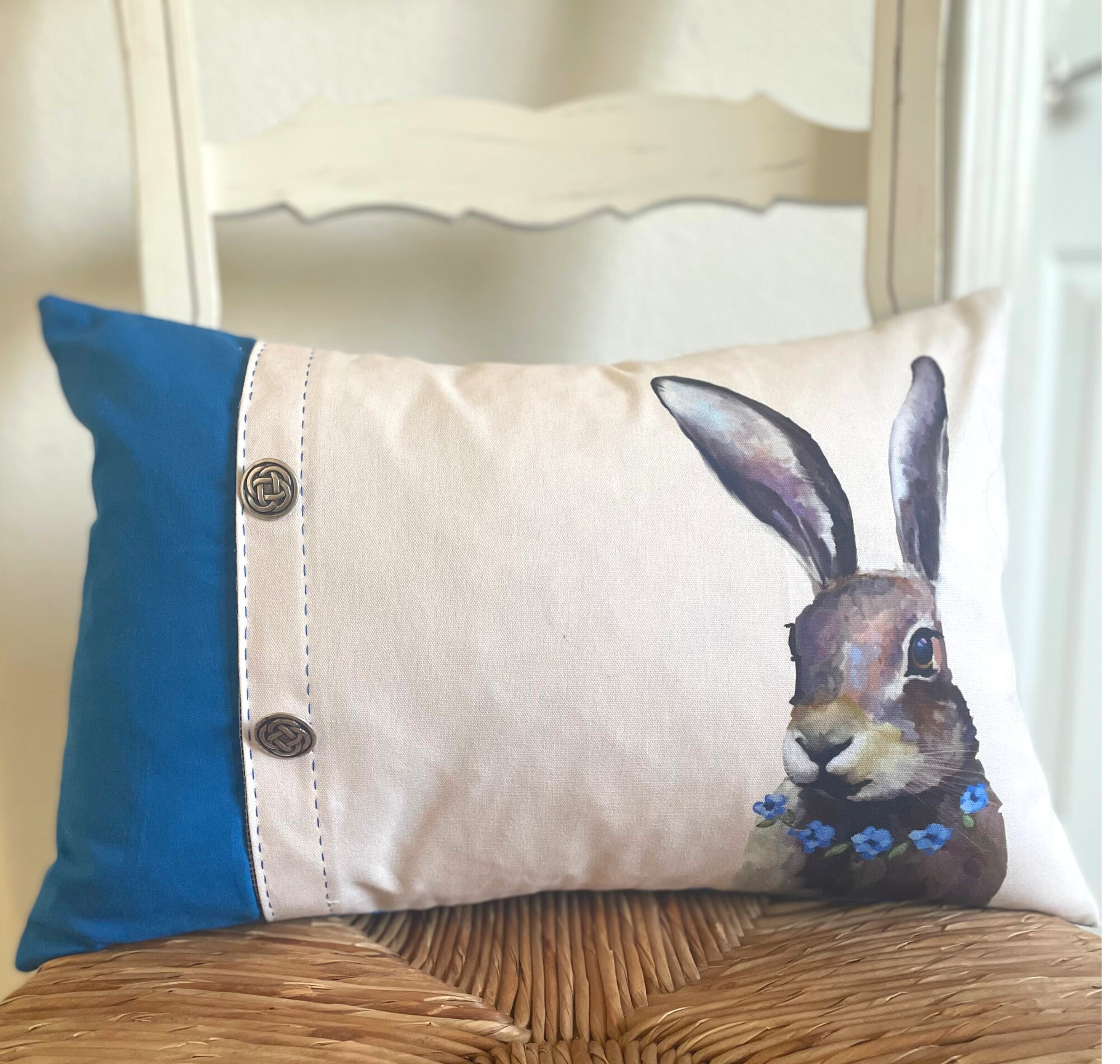 Bunny Lumbar Pillow, Blue White Lumbar Pillow, Spring Pillow, Rectangular Pillow Cover, Spring ...