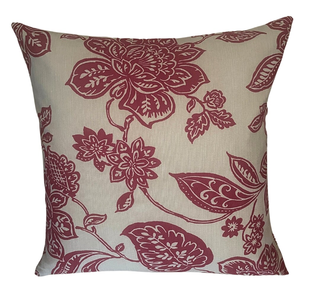 Red Floral Pillow Cover, Large Scale Flowers, Red and Tan Pillow, Couch ...