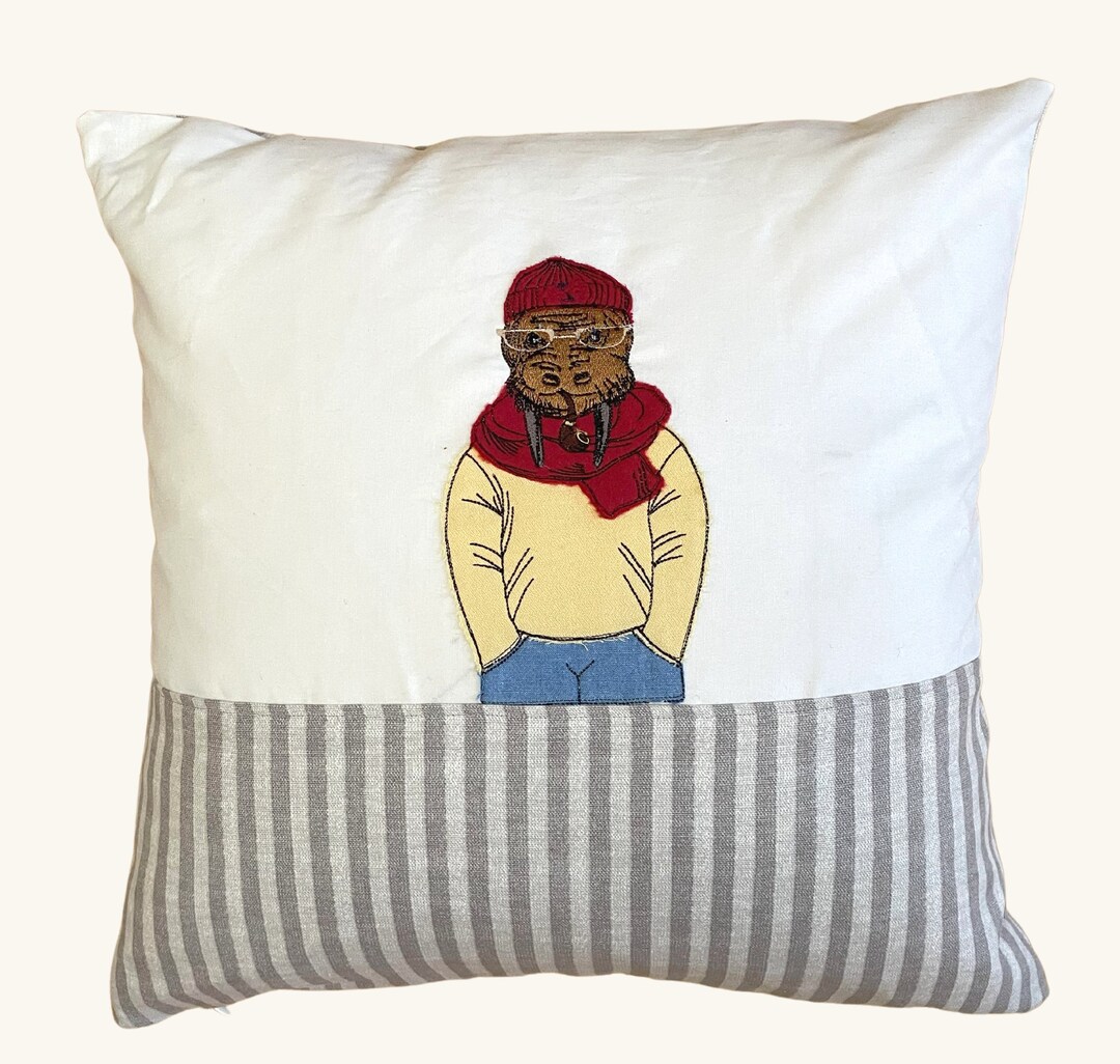 Whimsical Maritime Pillow Cover, Appliqued Walrus, Ocean Decor, Beach ...