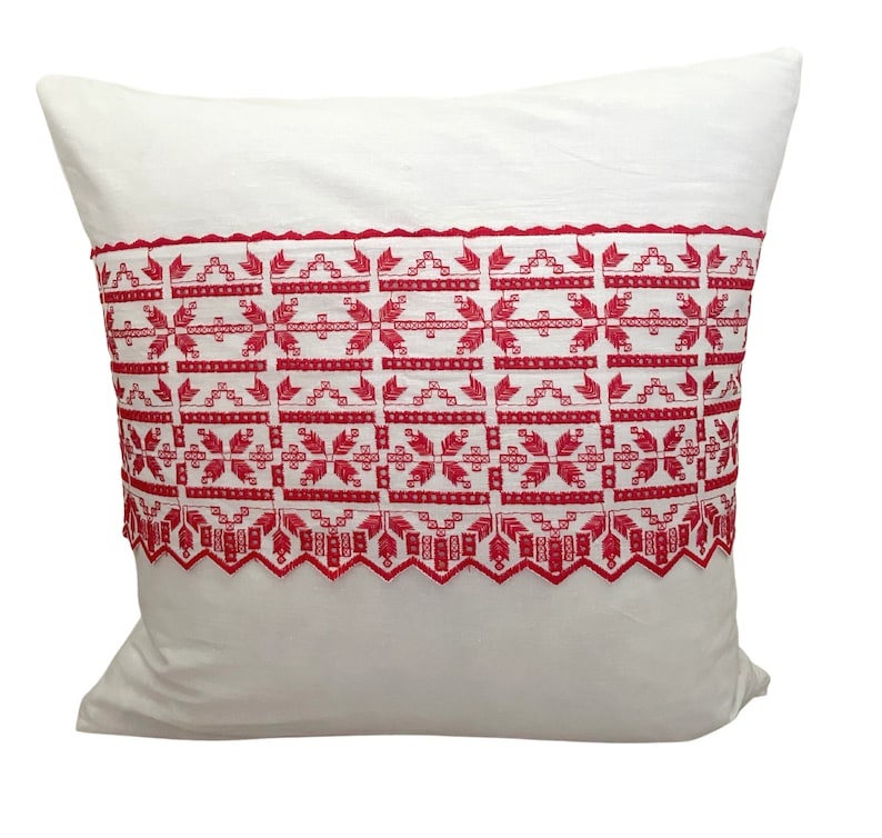Embroidered Pillow Cover, Red and White Decorative Pillow, 16x16 Pillow ...