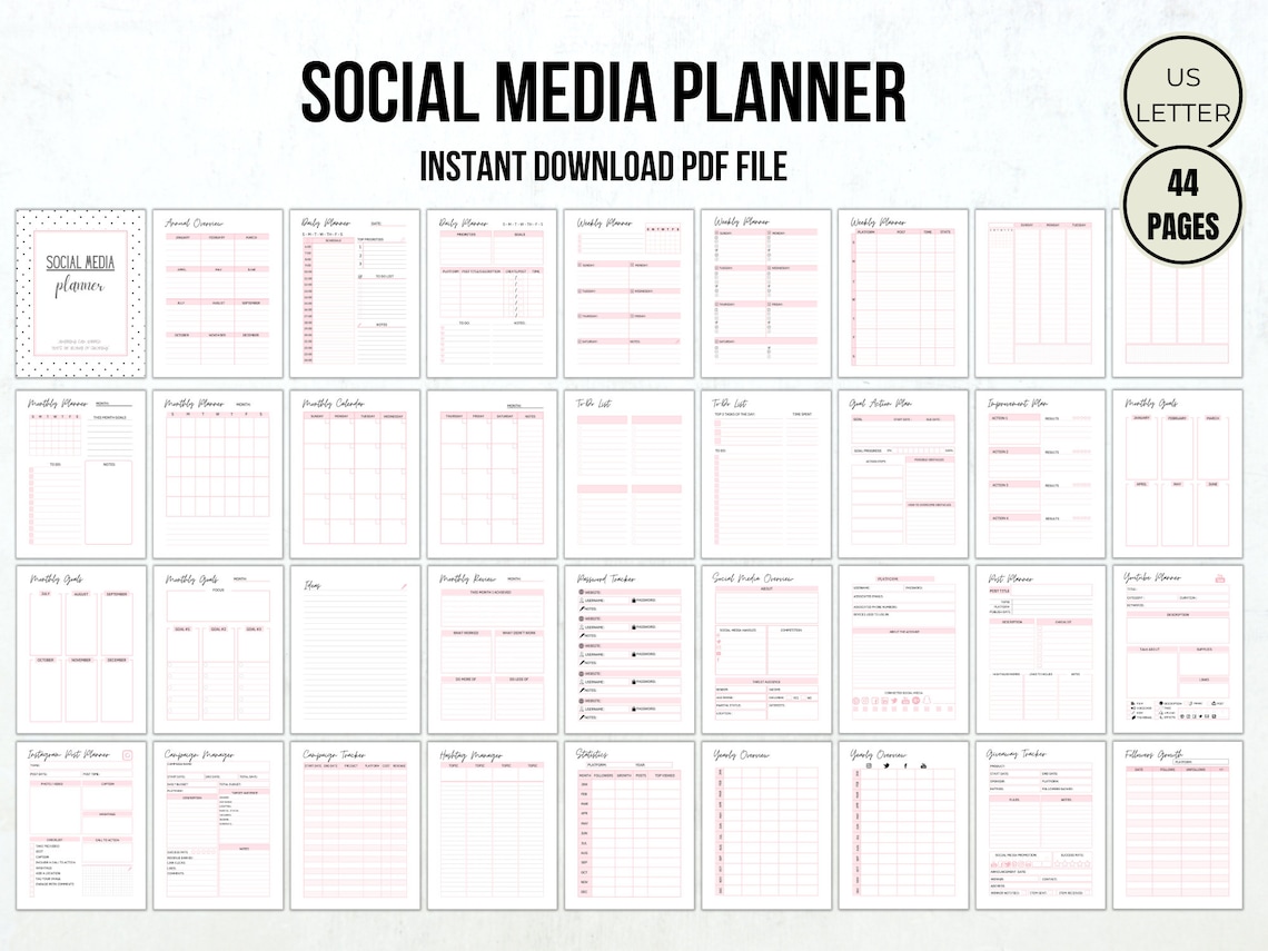 Social Media Planner Printable: Content Tracker, Followers, Stats (PDF ...