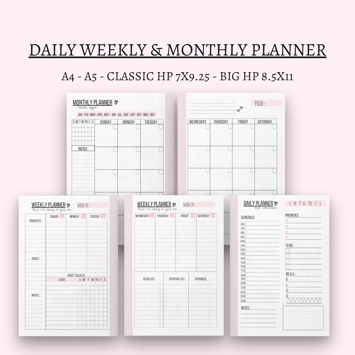 Daily Weekly Monthly Planner Printable: A4, A5, HP (PDF File) - Etsy