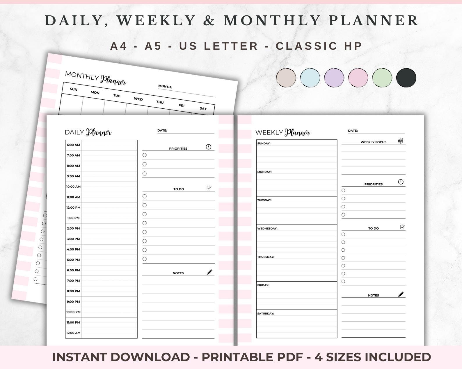 Daily Weekly Monthly Planner Bundle: A4 A5 US Letter, Classic HP ...