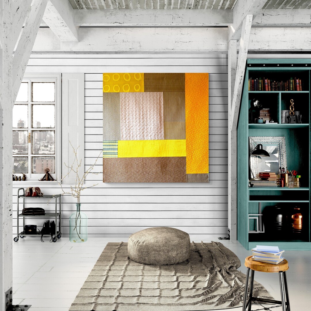 Contemporary Abstract Quilted Tapestry in Gray and Bright Yellow, Large ...