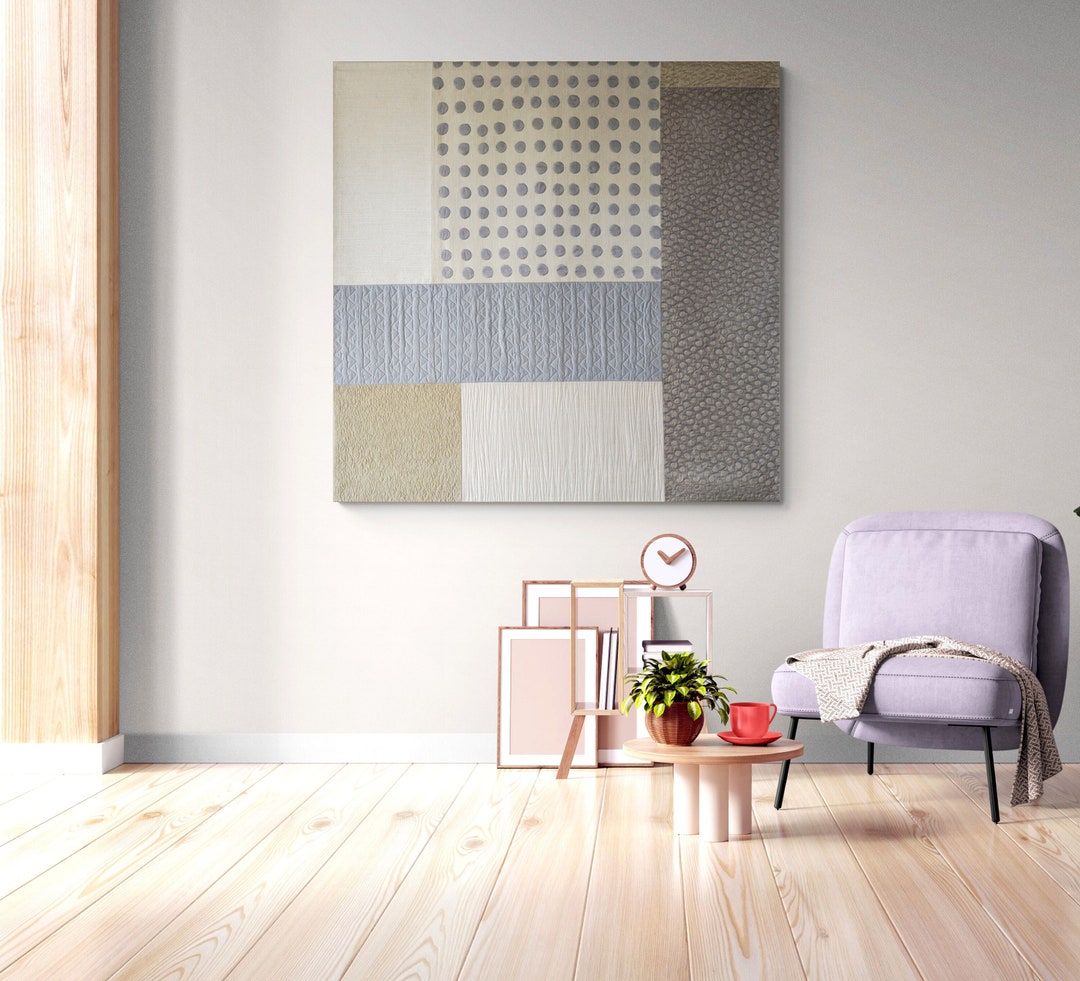 Japandi Quilt Wall Art: Monochrome Gray & White Silk Tapestry - Etsy