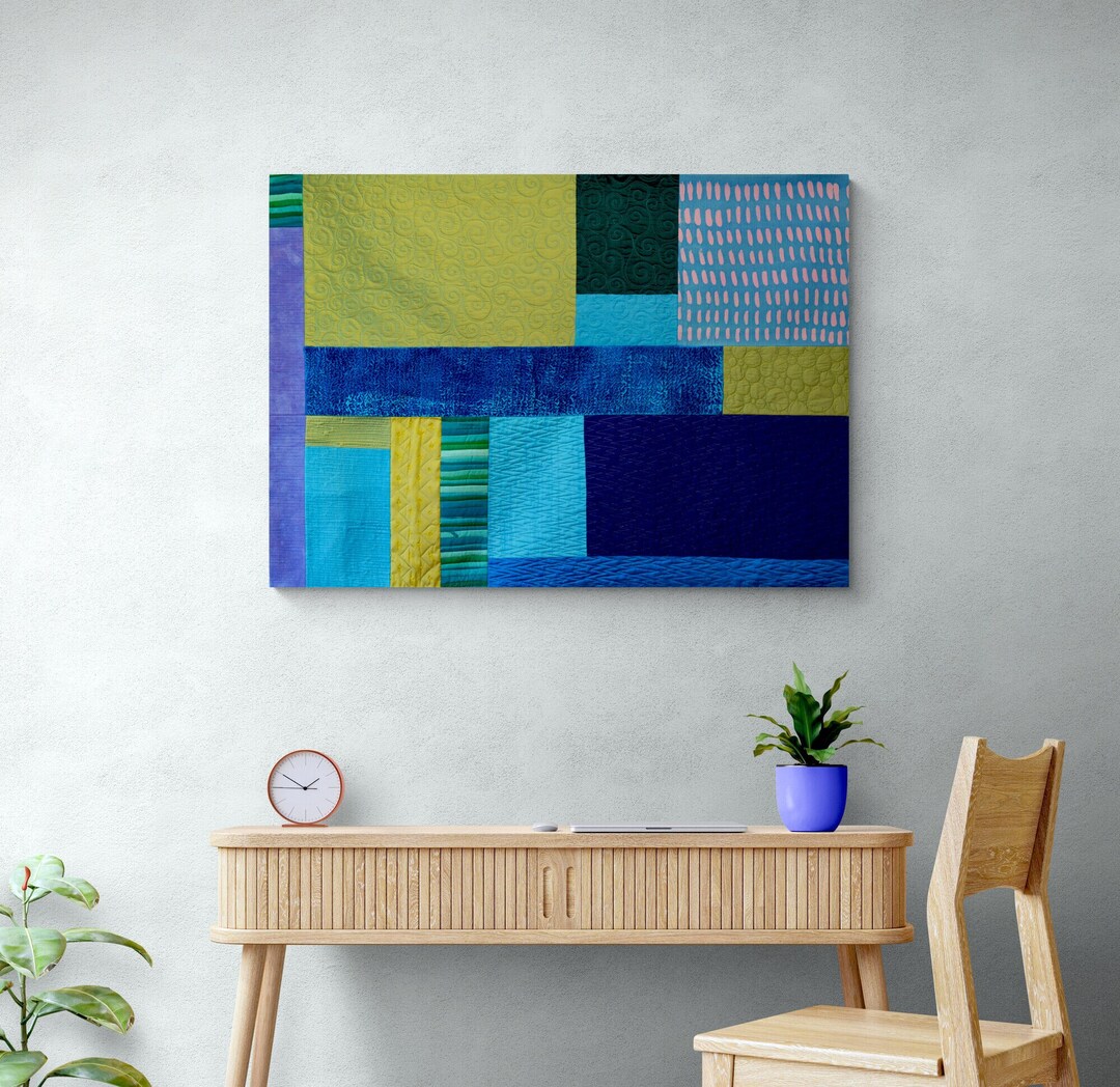 Contemporary Quilted Tapestry in Blue and Green, Marine Original ...