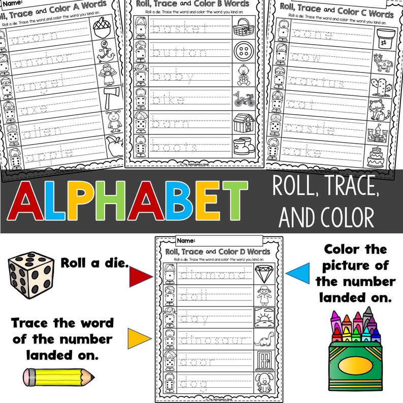 Alphabet Roll, Trace, and Color - Etsy