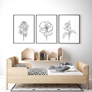 3 Piece Wall Art, Flower Line Art, Line Art Set of 3, Line Art ...