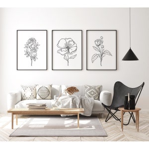 3 Piece Wall Art, Flower Line Art, Line Art Set of 3, Line Art ...