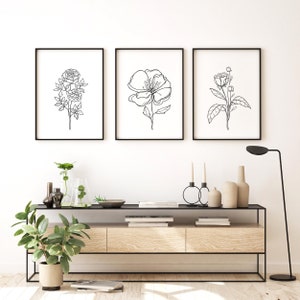 3 Piece Wall Art, Flower Line Art, Line Art Set of 3, Line Art ...